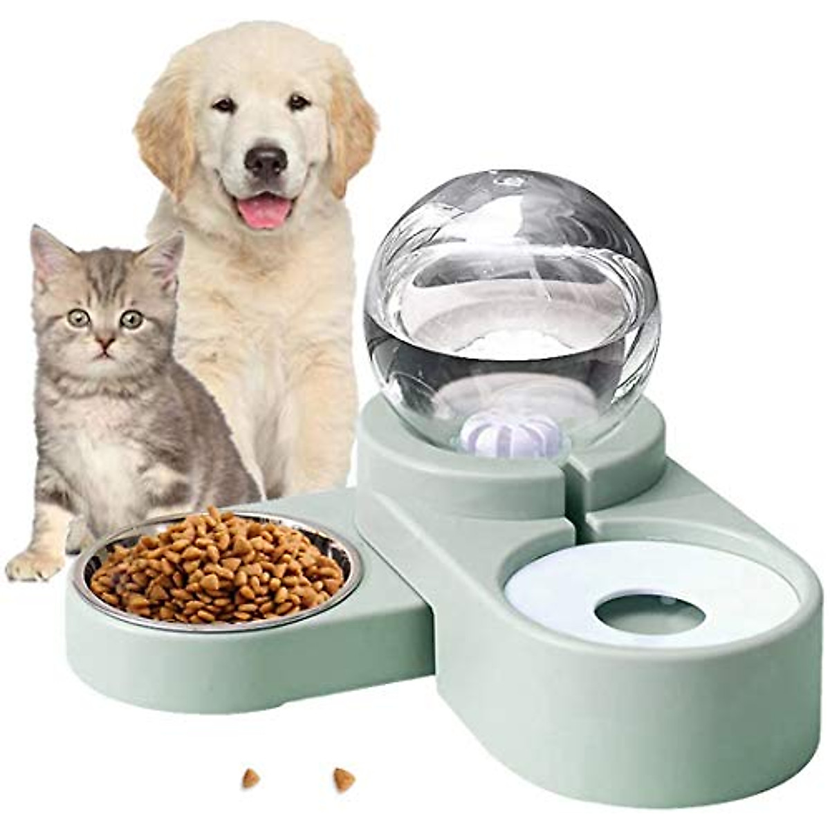 PetFun Double Dog Cat Bowls Automatic Gravity Water Food Dispenser, No-Spill Dog Water Bowl & Dish Stainless Steel Durable & Detachable Feeder Bowl for Cats & Small or Medium Size Dogs