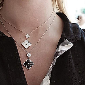 Black Onyx and Cubic Zirconia Double Flower Pendant Necklace for Women in 925 Sterling Silver 16 to 18 Inches Adjustable Spring Ring by Lavari Jewelers