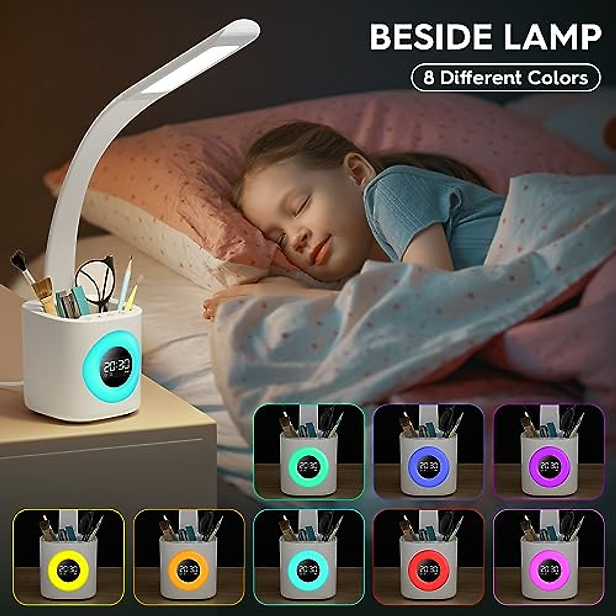 Hokone Desk Lamps for Home Office, LED Desk Lamp with Pen Holder, 10W Study Lamp with USB Adapter, Gooseneck White Desk Lamp Dimmable, RGB Touch Night Light for Kids