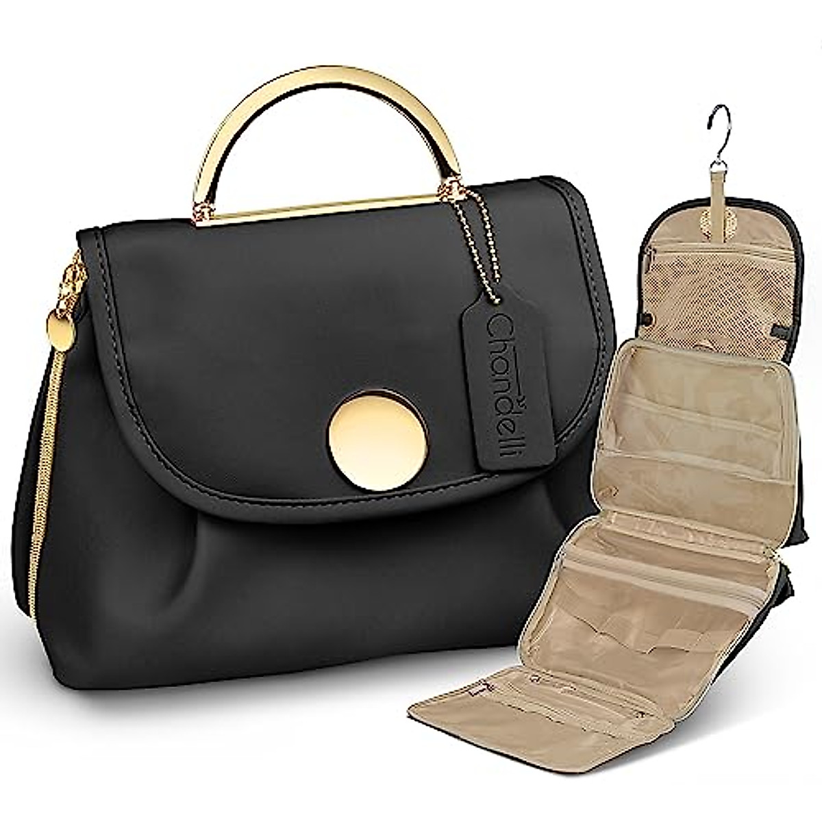 Chandelli Travel Toiletry Bag for Women with 4 Inner Pockets, Gold Accents & Hook, Waterproof, Black, Medium