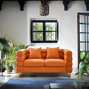 Deolme 60" W Teddy Orange Loveseat Sofa Couch with Firm Strcuture & Thicken Sponge Comfy Love Seat Couches Sleeper for Living Room Bedroom Small Spaces Mid-Century Modern Furniture