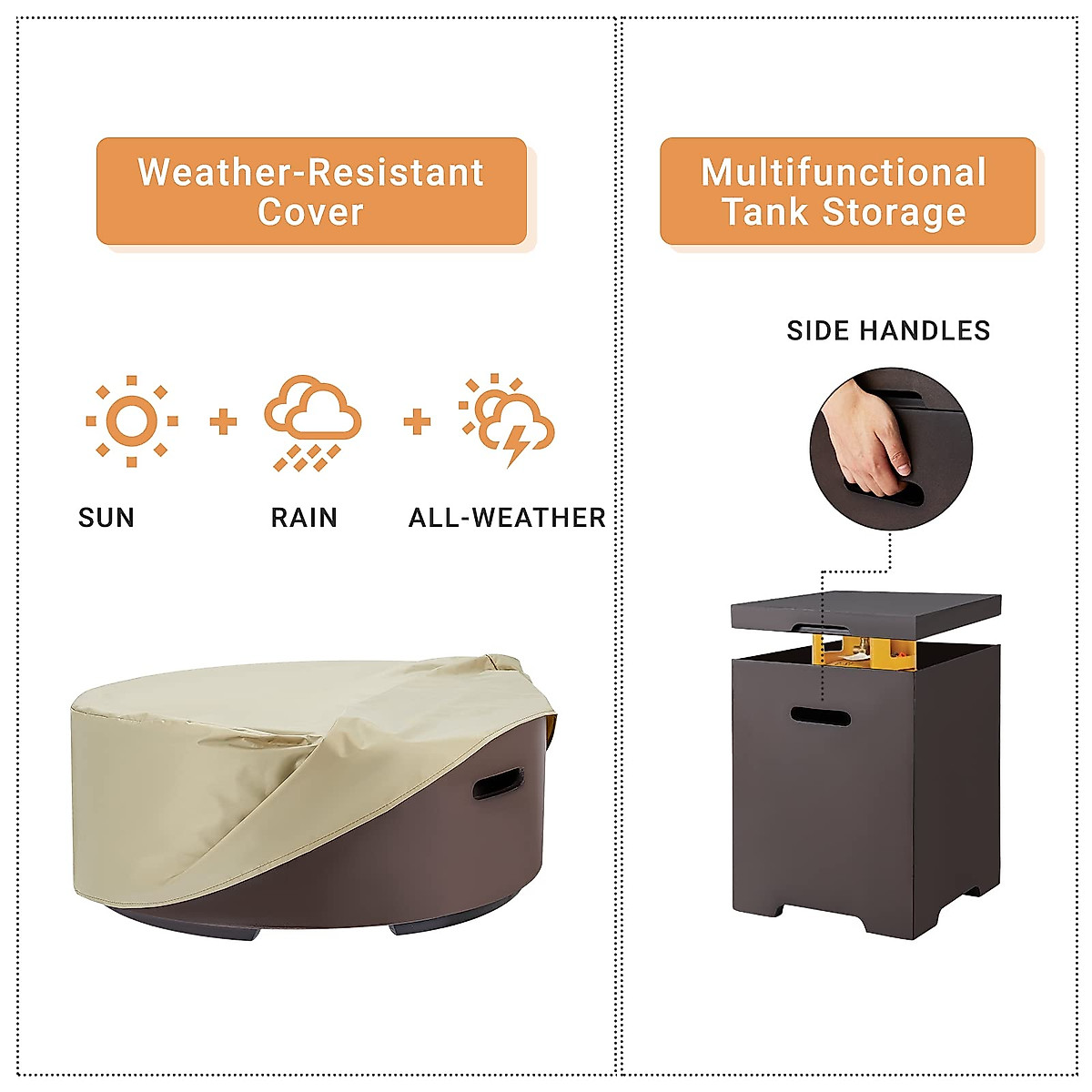 ECOTOUGE 2-Piece Outdoor Propane Firepit Table Set with Tank Table, 30 Inch Auto-Ignition Round Gas Fire Pit, 50,000 BTU Steel Fire Table w/Weather-Resistant Pit Cover, Lava Rocks, Brown