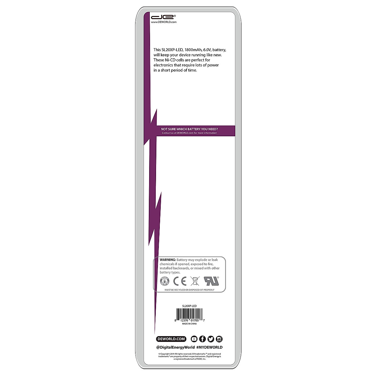 Digital Energy 77175 Rechargeable Replacement Battery for Streamlight SL-20XLED SL-20XP-LED, UltraStinger, Superstinger, SL20L, SL-20LP | 1800mAh Ni-Cd 6.0V