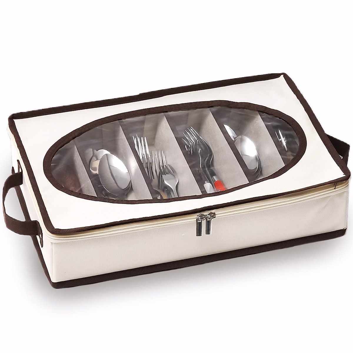 Hiceeden Flatware Utensil Storage Case Box, 6 Adjustable Compartment Silverware Organizer with Zipper Lid and Handles, Cutlery Storage Container for Spoon, Fork, Knife, Chopstick Oraganizing