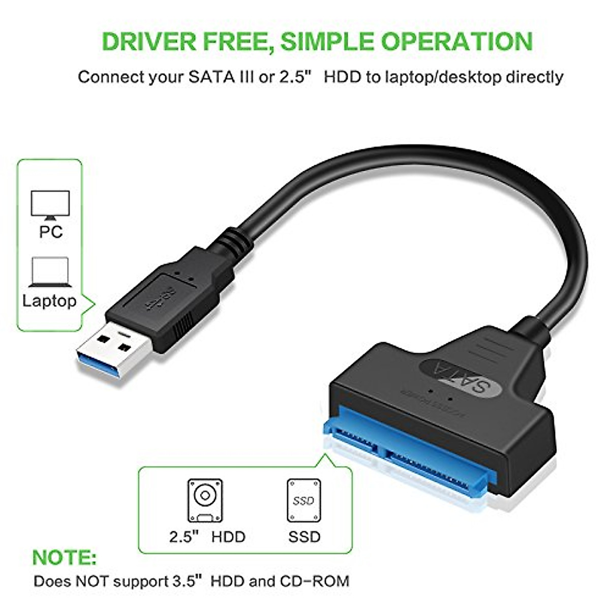 Cotchear USB 3.0 to SATA III Hard Drive Adapter Cable, 15 + 7 Pin Portable Adapter Cord 22 pin USB Cable 3.0 to SATA Adapter for 2.5 inch HDD SSD Hard Drive