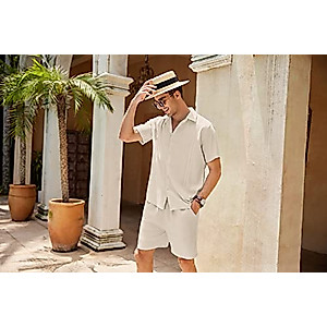 COOFANDY Men Linen Beach Outfit Summer Cuban Button Down Shirt and Short Set
