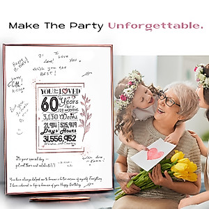 Framed Rose Gold 60th Birthday Decorations Sign Poster for Girl - 60 Birthday Gift 12"x16" Guest Party Favors Book Alternative – With Pen & Wall Hanger – Great 60 Years Old Gifts for Womens
