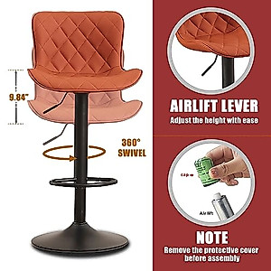 YOUNUOKE Bar Stools Set of 2 with Back Modern Faux Leather Swivel Counter Height Barstools Adjustable Tall Bar Stool Chairs for Kitchen Islands, Ochre Red