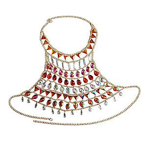 Aiosy Boho Body Chain Bra Gold Sexy Rhinestone Bikini Bra Body Halter Backless Sequins Chain Bra Beach Body Accessories Jewelry for Women (Red)