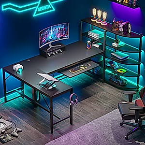 SEDETA  L Shaped Computer Desk, 63'' Corner Gaming Desk, Computer Desk with Storage Shelves, Keyboard Tray, Monitor Stand and Headphone Hook, Corner Gaming Desk with LED Lights, Black