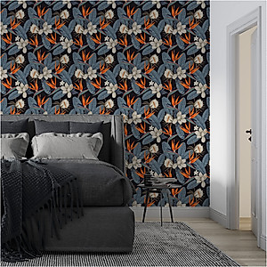 UniGoos White Floral Peel and Stick Wallpaper Black Background Blue Palm Flower Contact Paper Vinyl Self-Adhesive Vintage Wall Paper Roll for Cabinet DIY Decor 17.7" x 118"