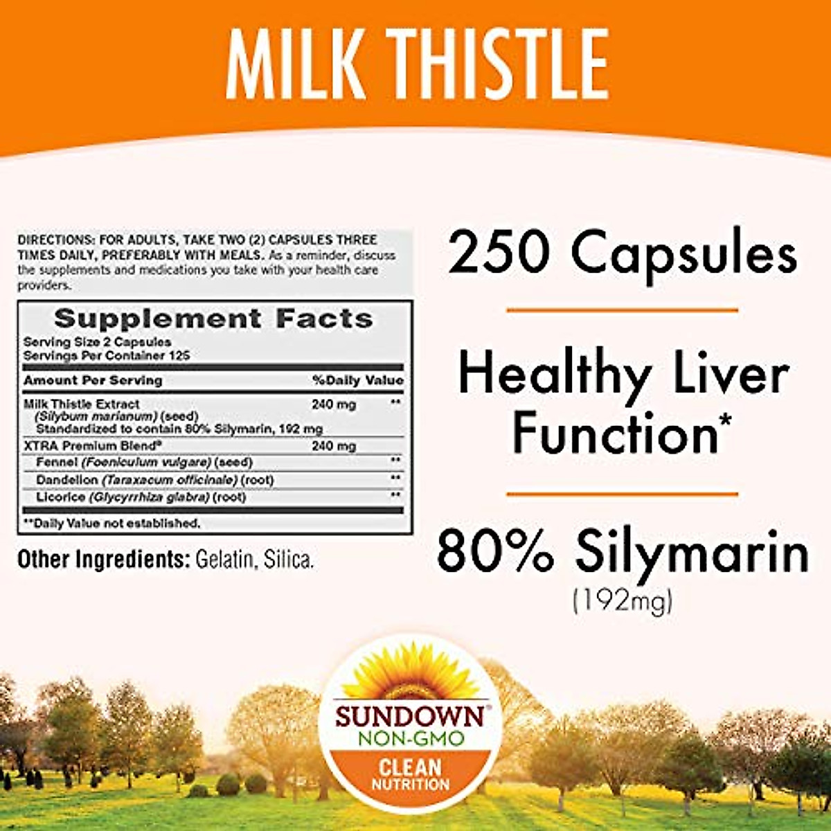 Milk Thistle by Sundown, Herbal Supplement, Supports Liver Health, Non-GMO, Free of Gluten, Dairy, Artificial Flavors, 80% Silymarin, 250 Capsules