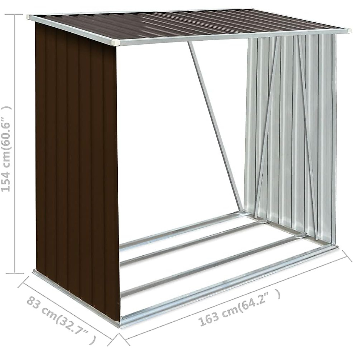vidaXL Garden Log Storage Shed - Compact, Waterproof Wood Storage with Ventiliated Design - Galvanized Steel - Brown - 64.2" x 32.7" x 60.6"
