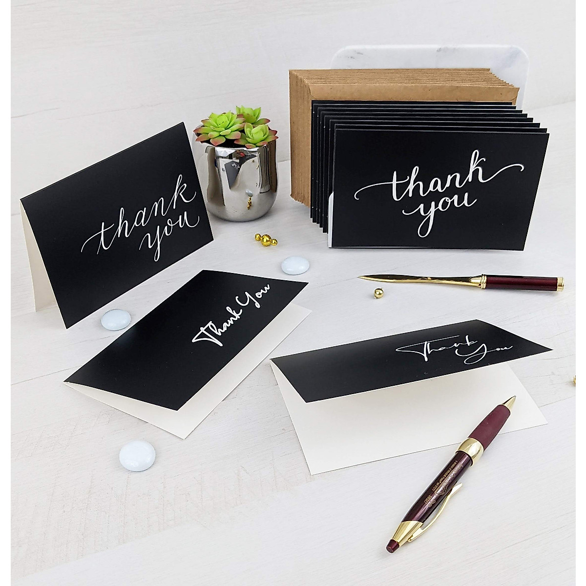 100 Black Thank You Cards with Brown Kraft Envelopes and Stickers - 4 Designs Bulk Notes for Official, Formal, Office, Graduations, Business, 4x6 Inch Folded