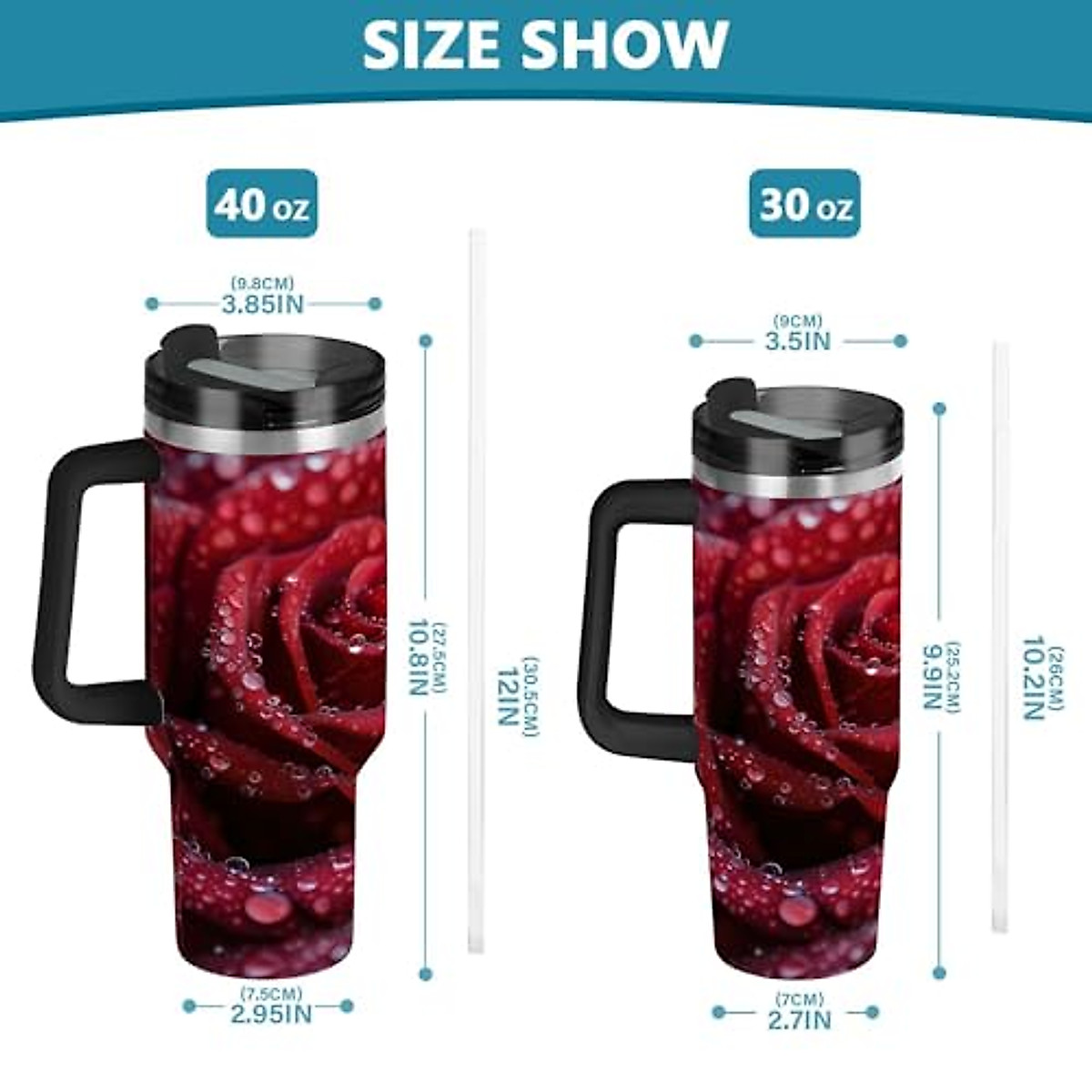 FRCSDIY Beautiful Rose Insulated Tumbler with Handle and Straw Lid,30oz Leakproof Stainless Steel Cup BPA-Free Water Bottle