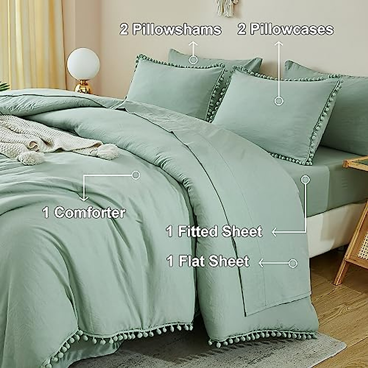 Litanika Queen Comforter Set Sage Green, Bed in a Bag 7 Pieces Pom Pom Fringe Comforter, Aesthetic Boho Bedding Set with Comforter, Sheet, Pillowcases & Shams
