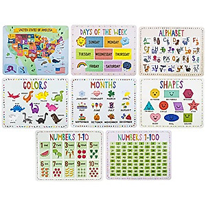 8-Pack Reversible Classroom Wall Posters 22" x 17" - Learn The Alphabet, Colors, Days, Months, Numbers, Shapes, & USA Map - Educational Posters by Pint-Size Scholars