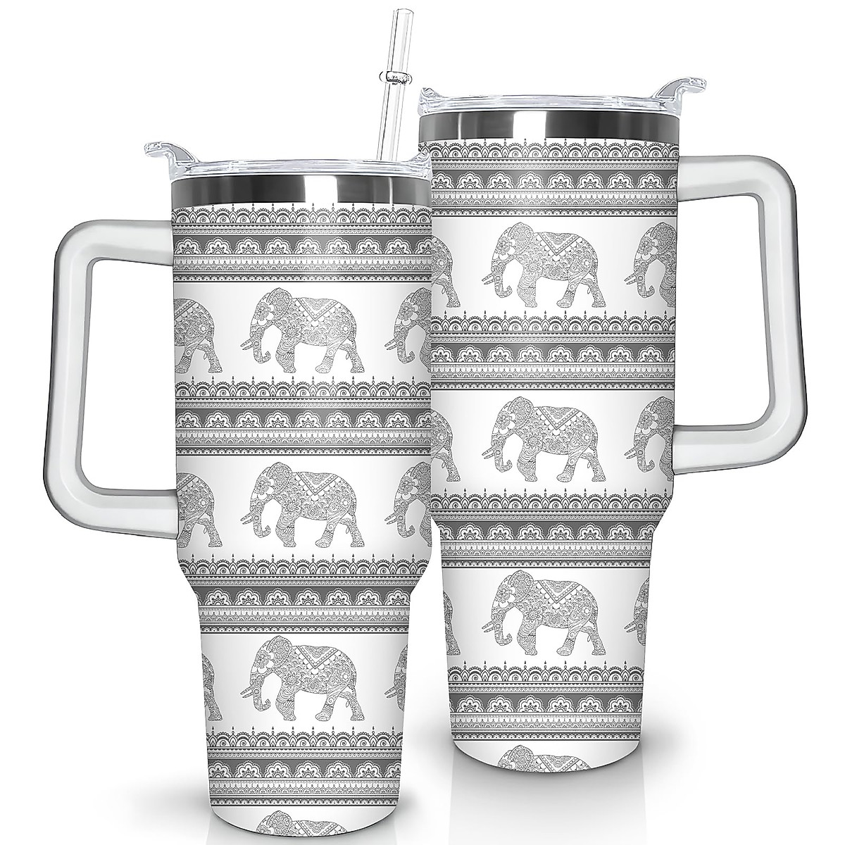 40 oz Elephant Tumbler with Handle and Straw, Gray Mandala Floral Stainless Steel Vacuum Insulated Travel Coffee Mug Cup Water Bottle, Grey Elephant Stuff Accessories Decor Gifts for Women Girls