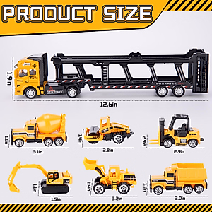 Crelloci 7 in 1 Construction Truck Toys, Die-cast Pull Back Transport Car Carrier, Detachable Metal Car Hauler, Tractor Excavator Play Vehicle Set for Kids Boys 3 4 5 Years Old