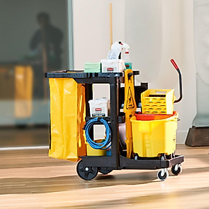 Rubbermaid Commercial Traditional Janitorial 3-Shelf Cleaning Cart, Wheeled with Zippered Yellow Vinyl Bag, for Stores, Schools, and Business, Black , 38.4" x 21.8" x 46" (FG617388BLA)