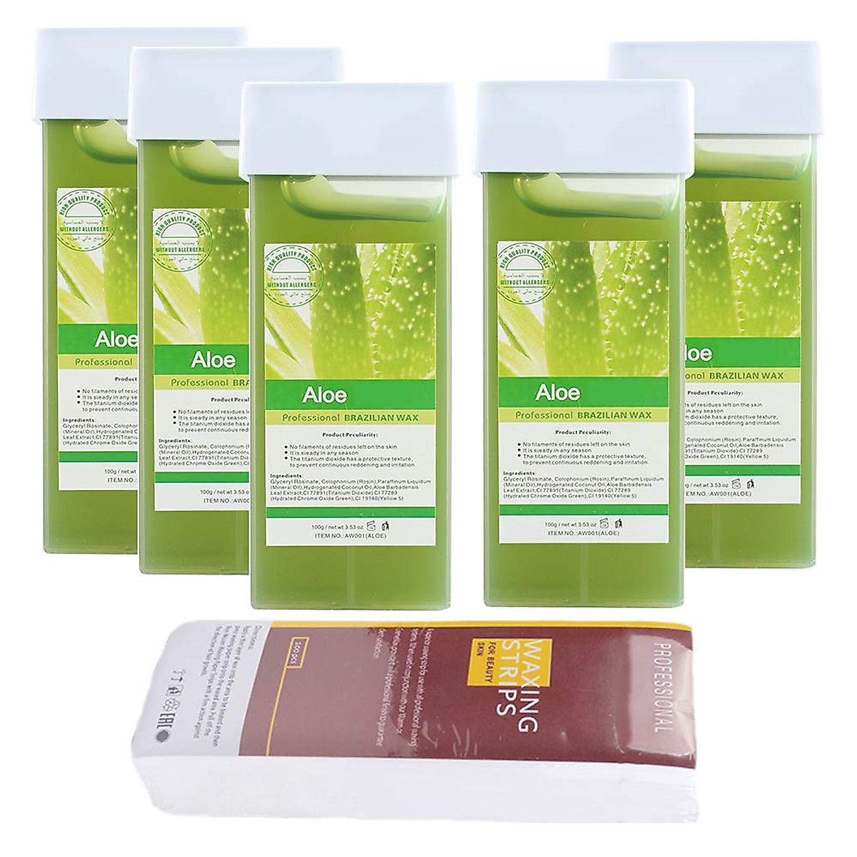 5 Pack Roll On Wax with Wax Paper, Hair Removal Wax Cartridge Depilatory Wax Roller for Sensitive Skin at Home Waxing Body,Legs,Underarm Ideal for Personal & Professional Use Beauty Salon (Aloe Vera)