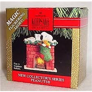 1991 Hallmark Peanuts Series #1 Snoopy, Woodstock, Waiting for Santa-- Fire in the Fireplace Flickers Ornament