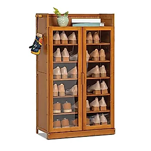 MoNiBloom 7 Tier Shoe Storage Cabinet Bamboo Free Standing Shoes Oragnizer with Visible Doors and Side Hooks for 14-18 Pairs Home Entryway, Brown