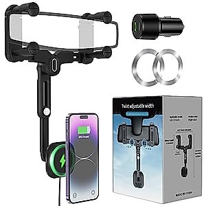 JDHDL for Magsafe Car Mount Charger, Rear View Mirror Phone Holder Car Charger, Fast Wireless Magnetic Car Charger for iPhone 14/13/12 Series and All Wireless Charging Cell Phones,Car Charger Included