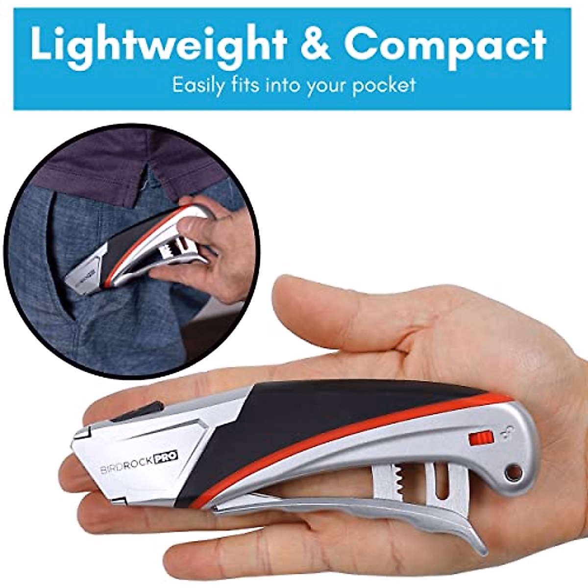 BIRDROCK HOME 1pk Professional Safety Utility Knife - Retractable - Heavy Duty Box Cutter - Safe Blade Lock - Extra Blades - Ergonomic Grip