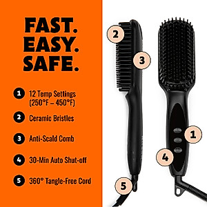 Tame The Wild Pro Beard Straightener Kit - Heated Beard Brush for Men - 12 Temp Settings - Beard Grooming Kit with Heat Protector Spray, Beard Soap, Beard Balm, Comb & Travel Case - Gift Set