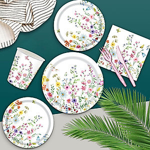 122PCS Wildflower Baby Shower Party Supplies for Girls First Birthday Spring Floral Wedding Party Decorations Disposable Plates Napkin Cups Tablecloth Banner Tableware Set for 20 Guests