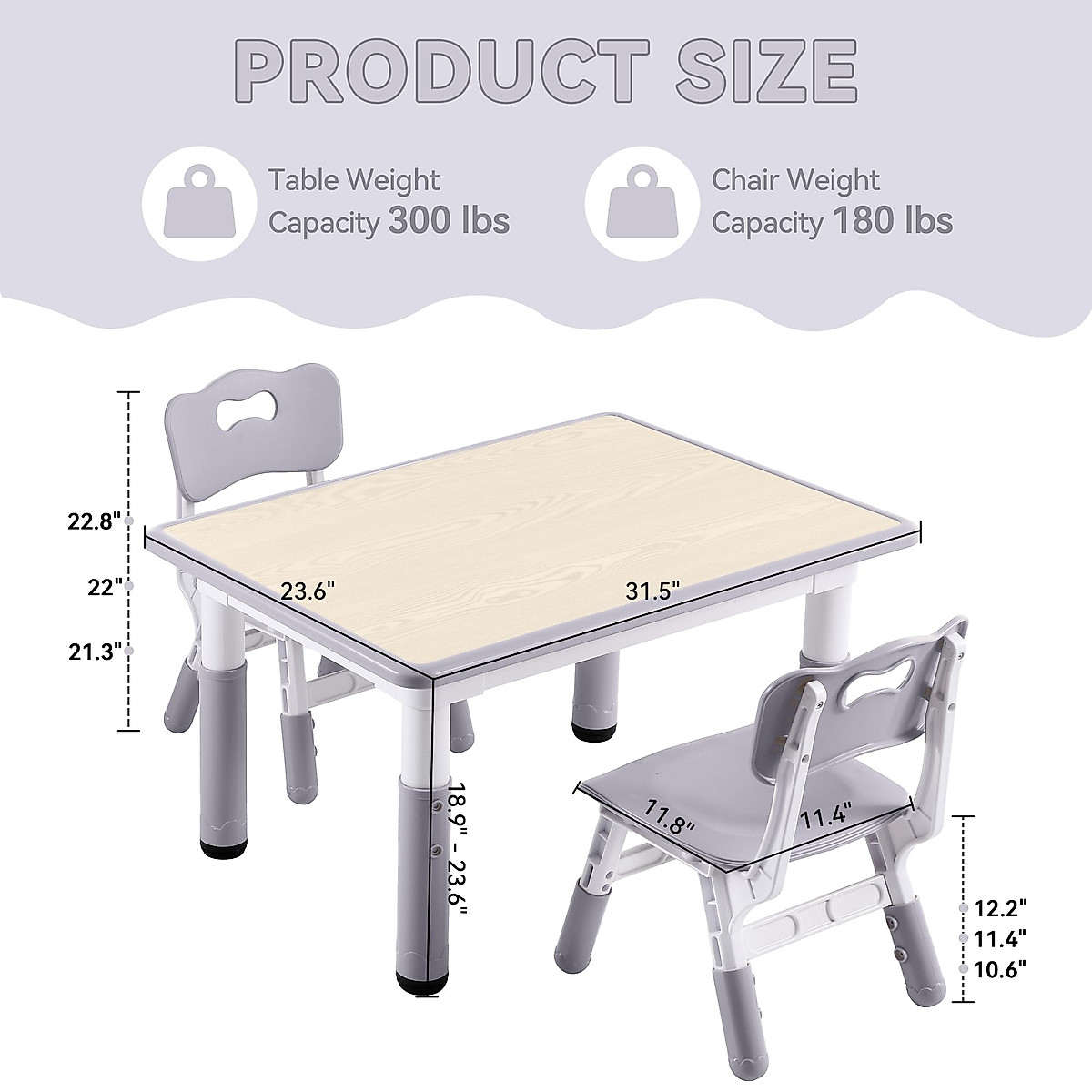 GITAWUSA Kids Study Table and Chairs Set, Height Adjustable Toddler Table and Chair Set for Kids Ages 3-8, 31.5" L x 23.6" W Graffiti Desktop Plastic Children Art Table with 2 Seats, Grey
