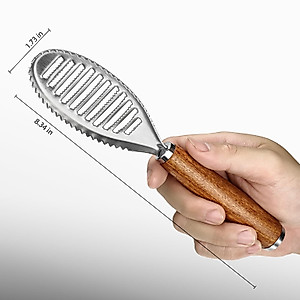 KULUNER Dual-Function Design Rosewood Solid Handle Stainless Steel Serrated Fish Scale Remover - Versatile Kitchen Tool for Fish Scaling and Food Grinding