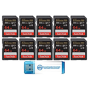 SanDisk 64GB SDXC Extreme Pro Memory Card (10 Pack) 4K V30 UHS-I Speed Class 10 (SDSDXXU-064G-GN4IN) Bundle with (1) Everything But Stromboli 3.0 SD/TF Card Reader