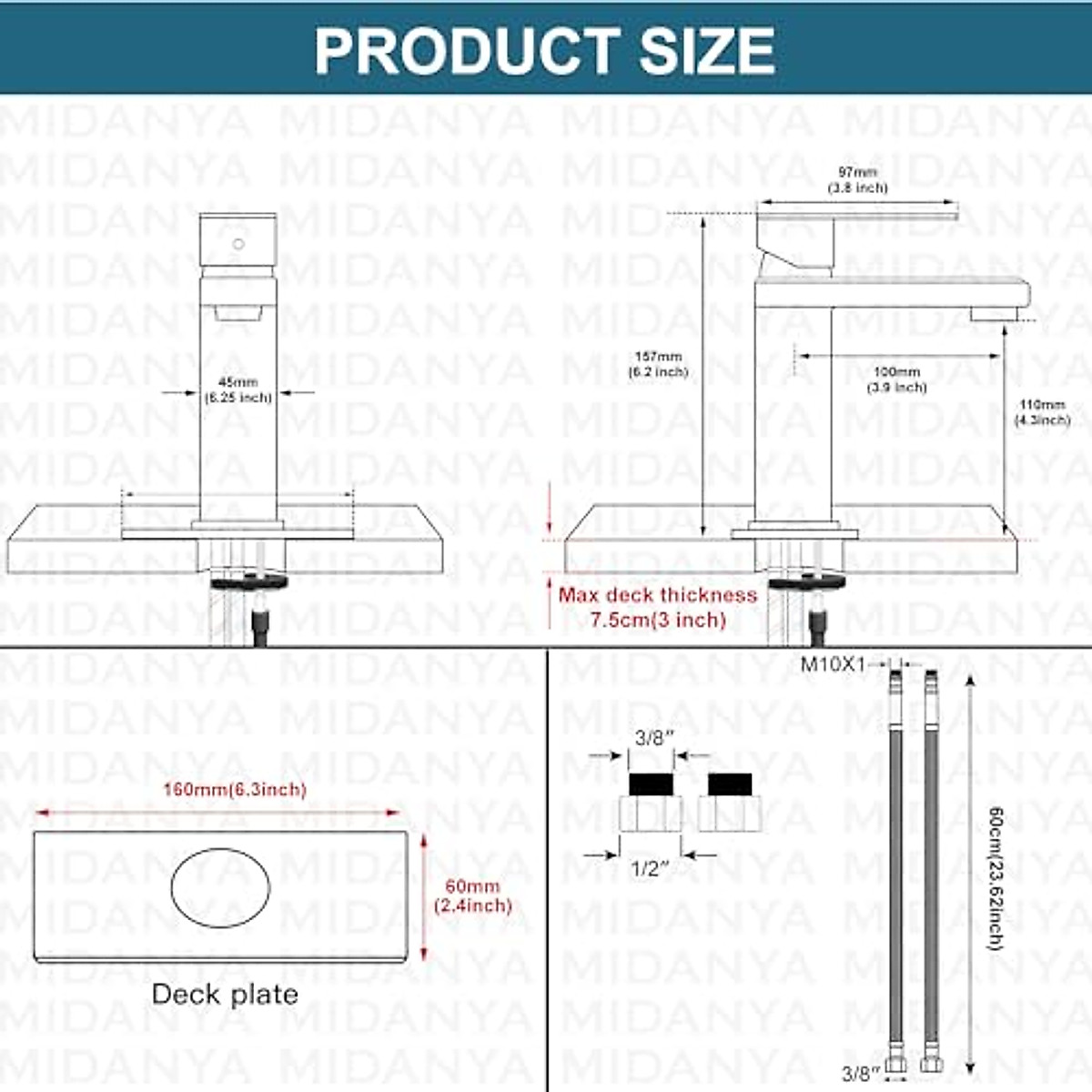 Midanya Matte Black Bathroom Sink Faucet 1 Hole Single Handle Deck Mount Lavatory Mixer Tap Include Pop Up Drain with Overflow One Lever Commercial