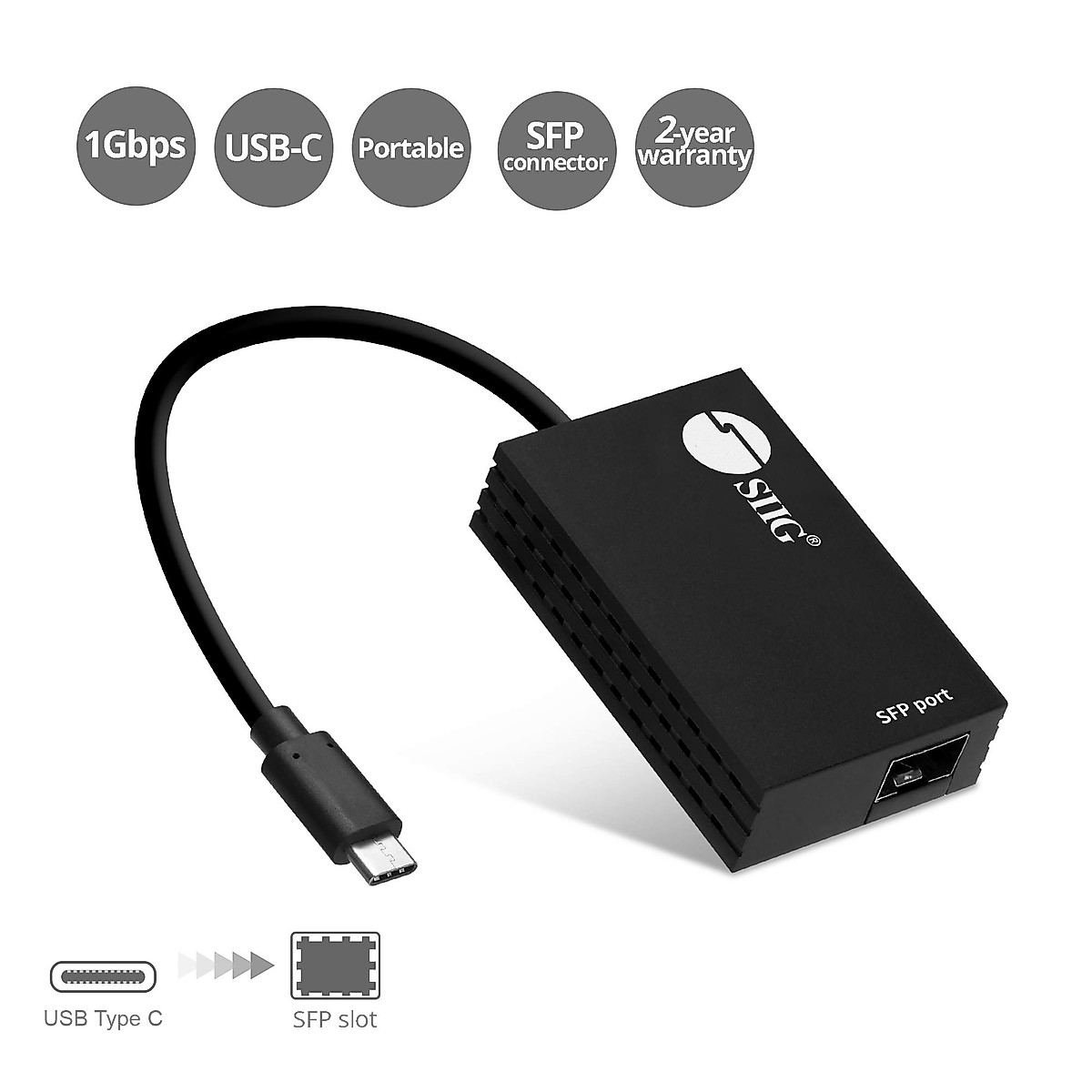 SIIG USB-C to Fiber Optic Adapter, 1000Base-SX/LX Compatible, Full/Half Duplex, Wake-on-LAN, LPM Power Saving