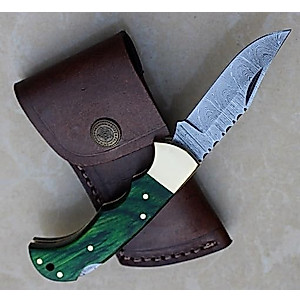 Nesmo-504 Handmade Damascus Steel folding knife 6.5'' Pocket Knife With Leather Pouch, Back Lock Knife For Hunting, Camping, Skining and outdoor (Green Pakka Wood Handle)