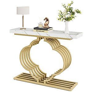 LITTLE TREE Console 41 inches Faux Marble Entryway Mordern Sofa Table with Flower Shaped Pedestal for Living Room, White & Gold