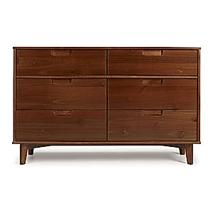 Walker Edison Mid Century Modern Grooved Handle Wood Dresser Bedroom Storage Drawer Organizer Closet Hallway, 6 Drawer, Walnut