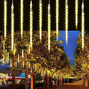Aluan Christmas Lights Meteor Shower Rain Lights 10 Tube 240 LED Waterproof Plug in Falling Rain Fairy String Lights for Halloween Christmas Holiday Party Home Patio Outdoor Decoration, Warm White