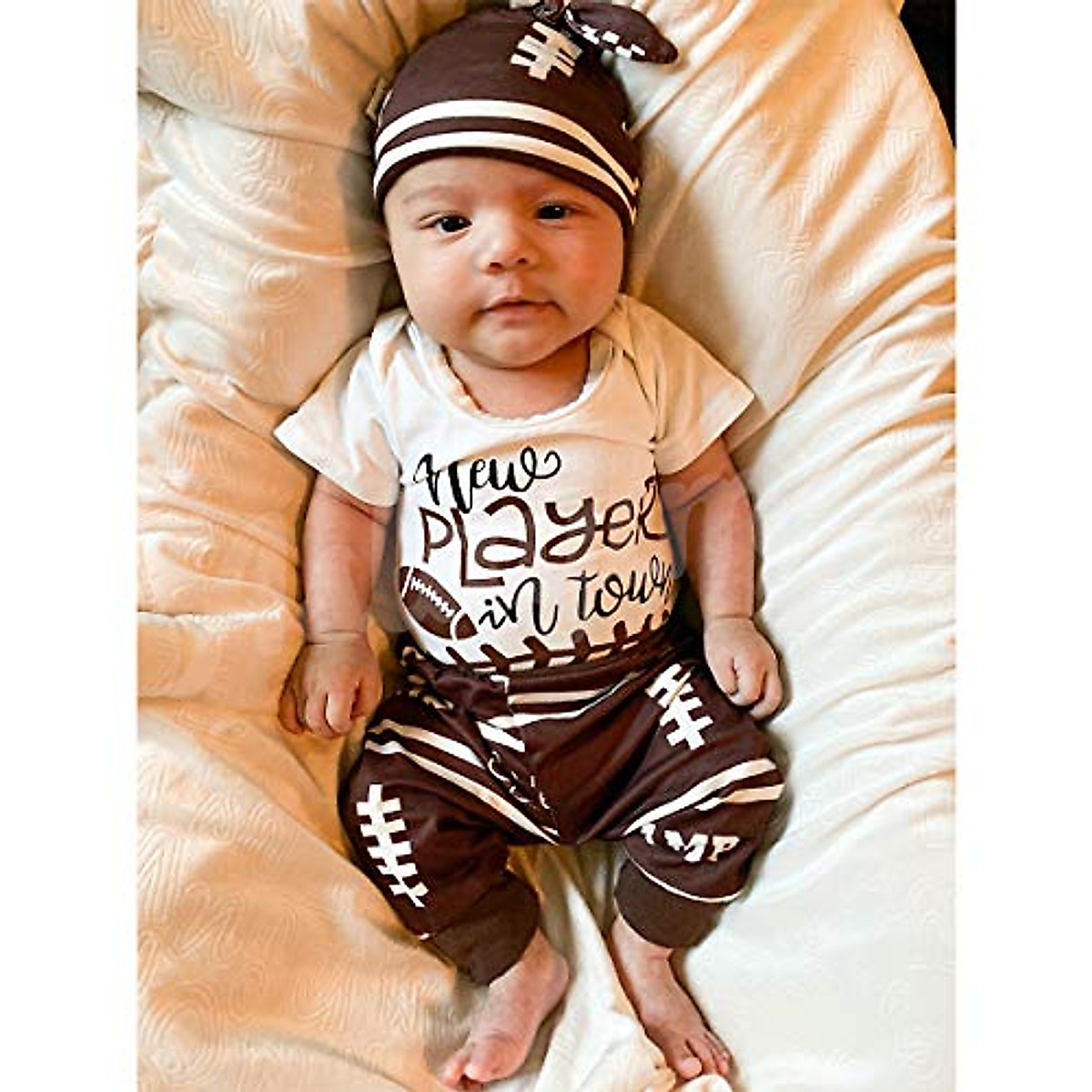 Aslaylme Newborn Baby Boy Clothes Coming Home Outfit New Player in Town Football Romper (Brown, 0-3 Months)
