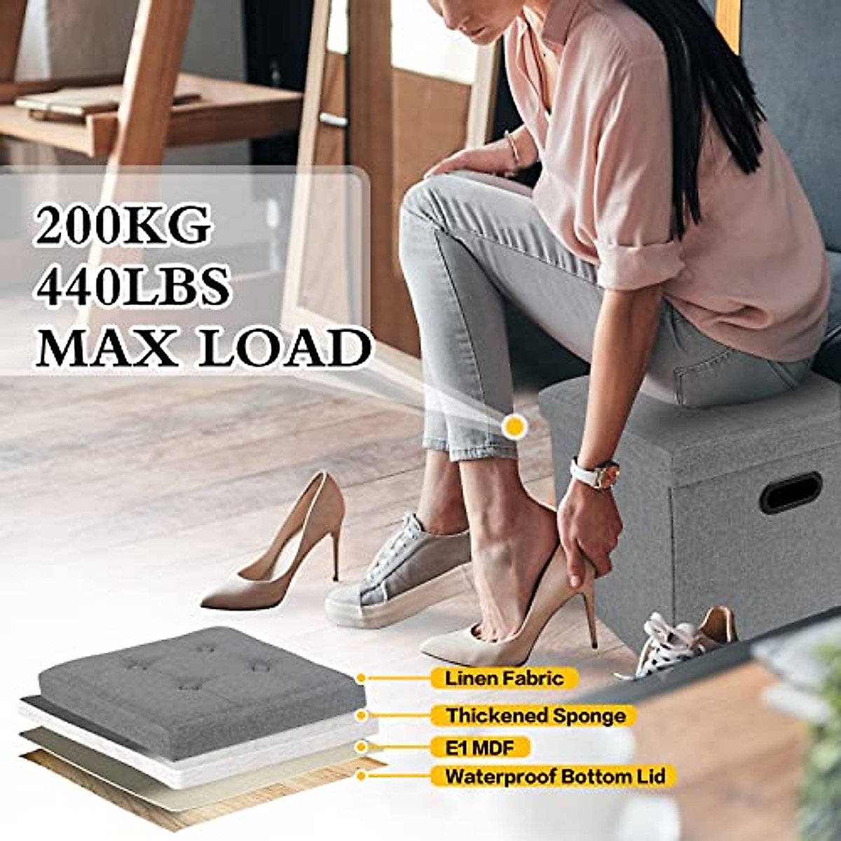 Babion 15 Inches Storage Ottoman Cube, Footrest Stool with Metal Hole Handles& Lid, Folding Storage Ottoman, Box Chest with Foam Padded Seat, Cube Ottoman with Storage, Linen Square(Dark Grey,2pcs)