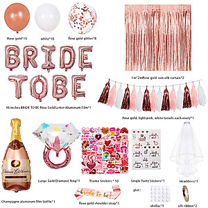 Bachelorette Party Decorations - Rose Gold Bridal Shower Party Decor and Supplies Kit Bride To Be Sash, Veil, Temporary Tattoos, Confetti Balloons Pack Fringe Curtain And Theme Stickers