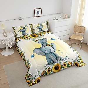 Erosebridal Gray Elephant Comforter Set Kawaii Room Decor,Cartoon Wildlife Woodland Animals Bedding Twin Set for Kids Girls Boys,Yellow Flowers Sunflower Down Comforter Blue Teal Butterfly Decor