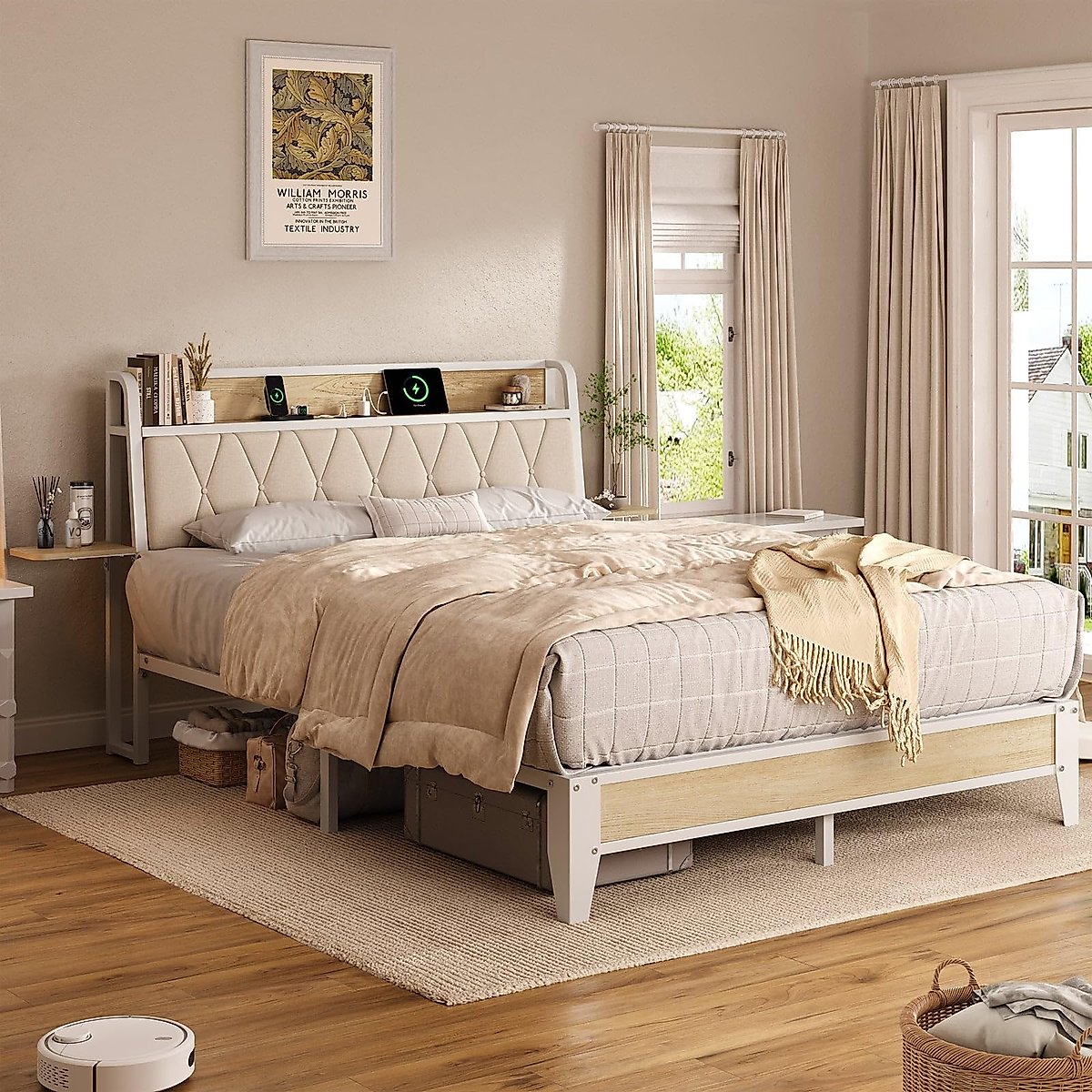 ONBRILL Queen Bed Frame with Side Storage Shelf, Ergonomic Upholstered Headboard with Charging Station, Queen Size Platform Bed Frame, Metal Slats Support, No Box Spring Needed, Easy Assembly, White