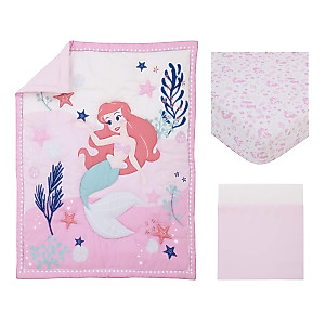 Disney The Little Mermaid Pink, Aqua, and Coral Ariel Cute by Nature 3 Piece Nursery Crib Bedding Set - Comforter, Crib Sheet, Dust Ruffle