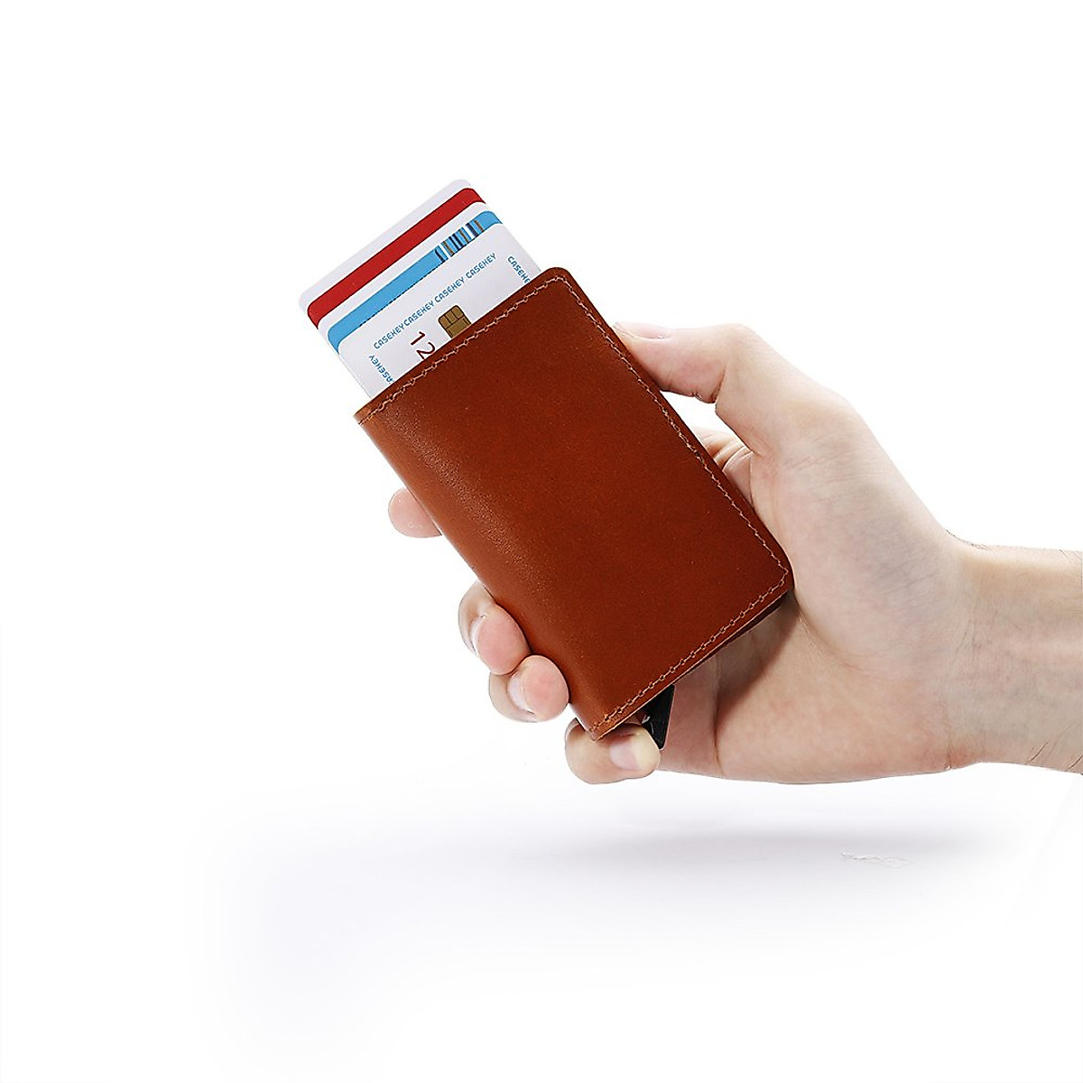 Dlife Credit Card Holder RFID Blocking Wallet Slim Wallet Cowhide Leather Vintage Aluminum Business Card Holder Automatic Pop-up Card Case Wallet Security Travel Wallet (Blue Case)