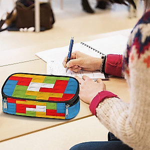 Building Block Big Capacity Pencil Pen Case Colorful Large Pencil Pouch with Zipper Compartments Pencil Bag for Boys Girls Adults Student Office School Supplies