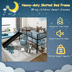 Giantex Twin Loft Bed with Slide, Metal Low Bunk Bed w/Safety Guardrails & Built-in Ladder, Toddler Bed Floor Frame for Boys & Girls, No Box Spring Needed (Black)
