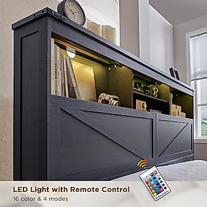 ACCOHOHO Farmhouse Full Size Wood Bed Frame with 52" Tall Storage Headboard and 4 Drawers,LED Light,Charging Station,Solid Wood Slats Support,Noiseless,No Box Spring Needed,Black